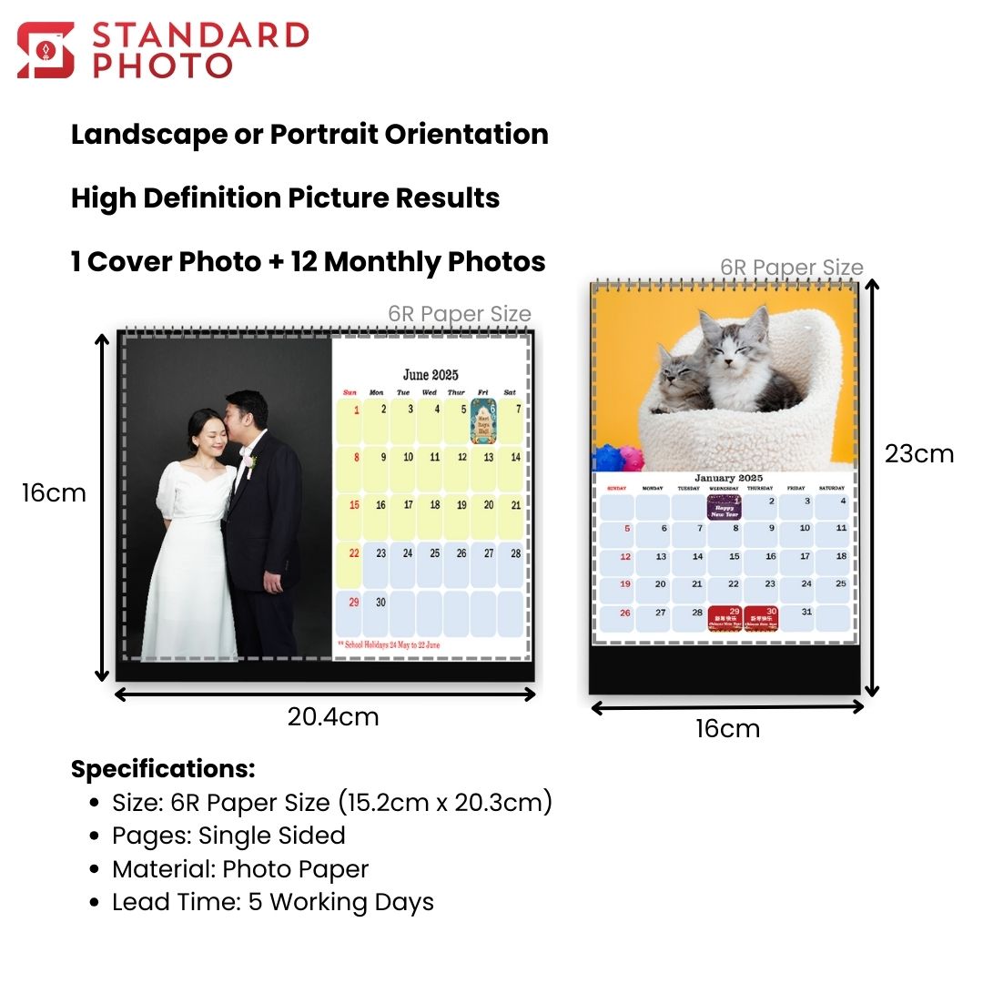 Customisable Single-Sided Photo Calendar – Standard Photo